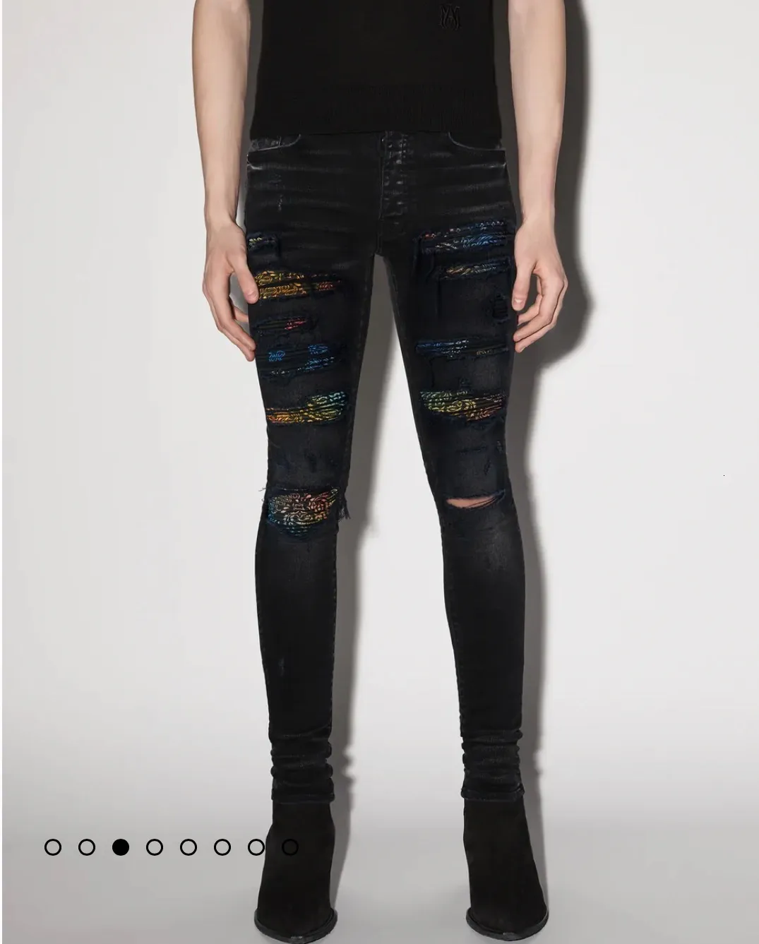 Men's Slim Stretch Jeans with Rainbow Printed Patches and Tattered ...