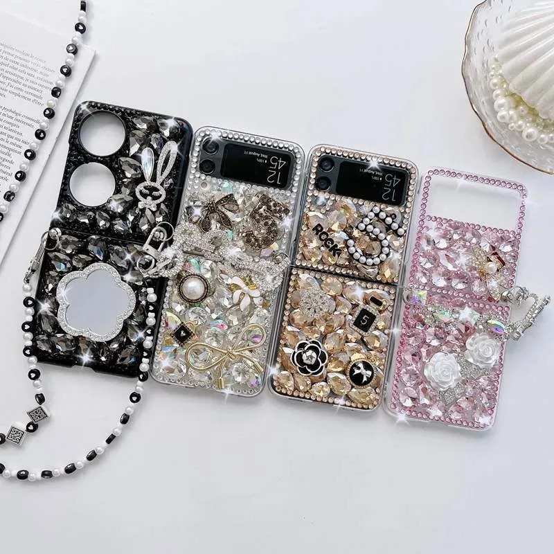 Luxury Bling Diamond Folding Hard Case With Mirror And Shoulder Strap ...