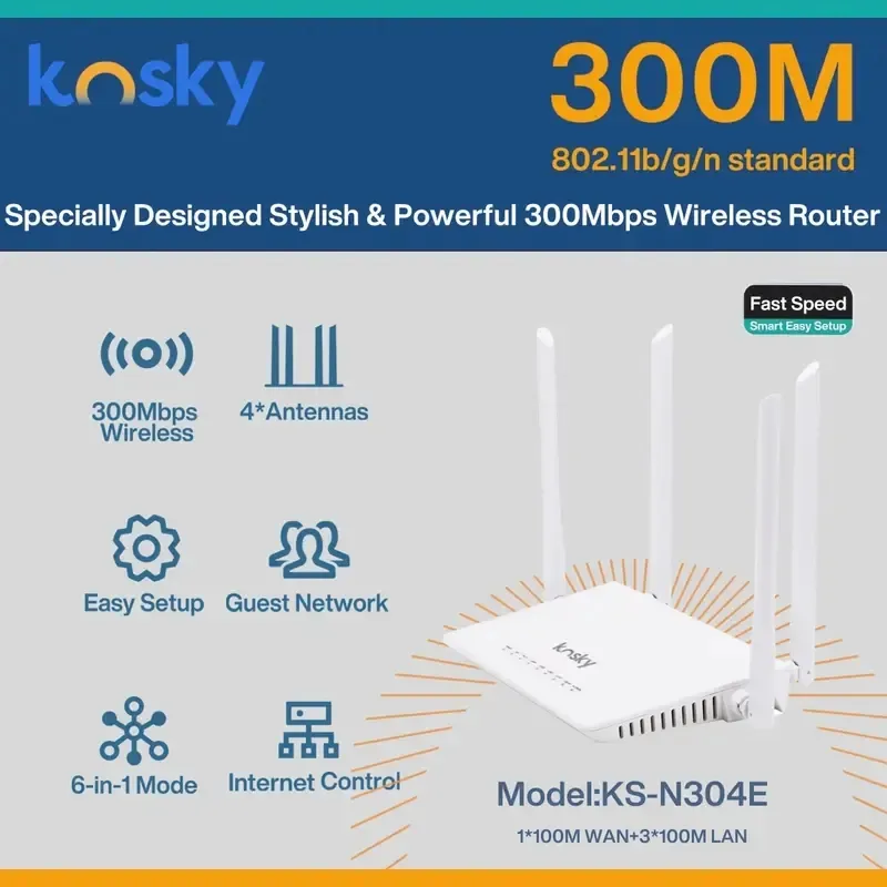 Kosky KS-N304E Wireless Router - Fast 300Mbps WiFi, Stable Connection ...