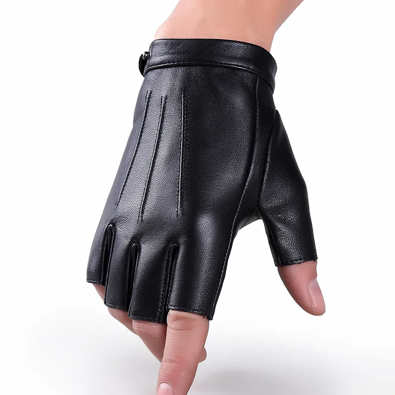 Genuine Leather Fingerless Gloves - Men's & Women's Tactical Mittens, Black Half Finger Design ...