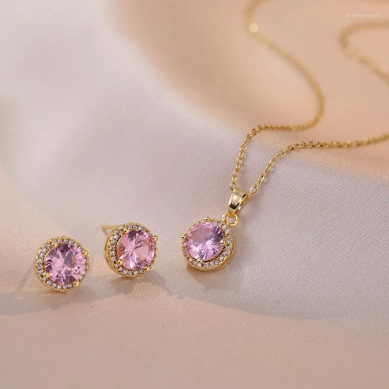 DHgate.com:Pink Zircon Round Stud Earrings and Pendant Clavicle ...