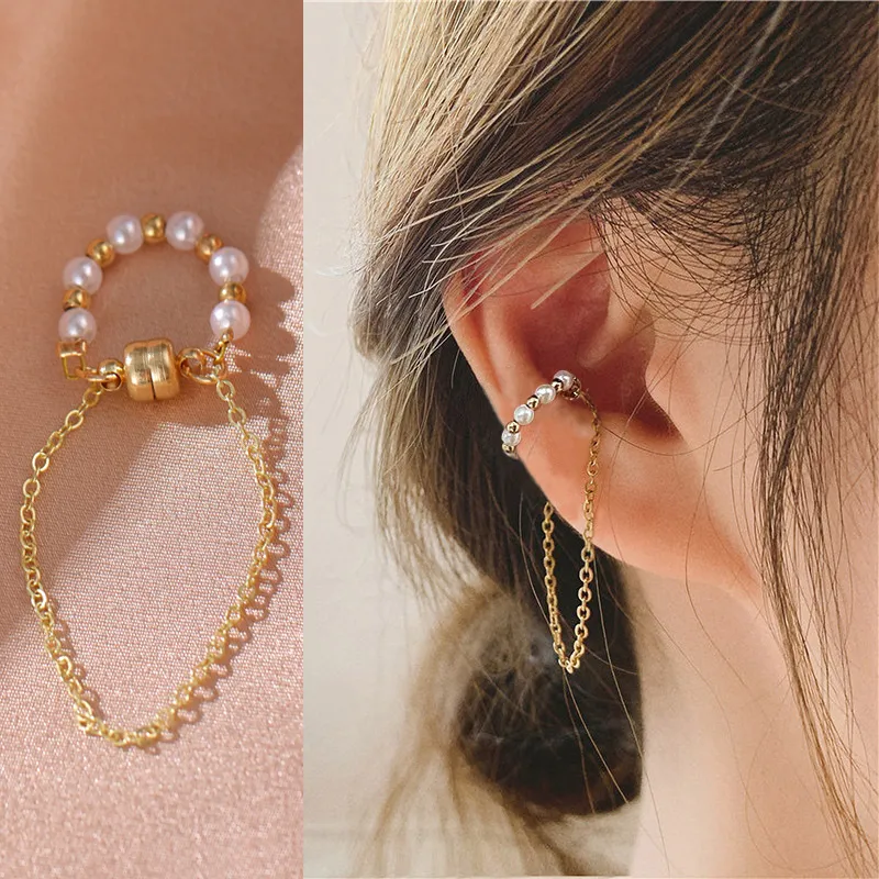 Elegant Pearl Ear Cuff Earrings - Gold Tone Magnetic Clip On Earrings, Vintage Geometric Design ...
