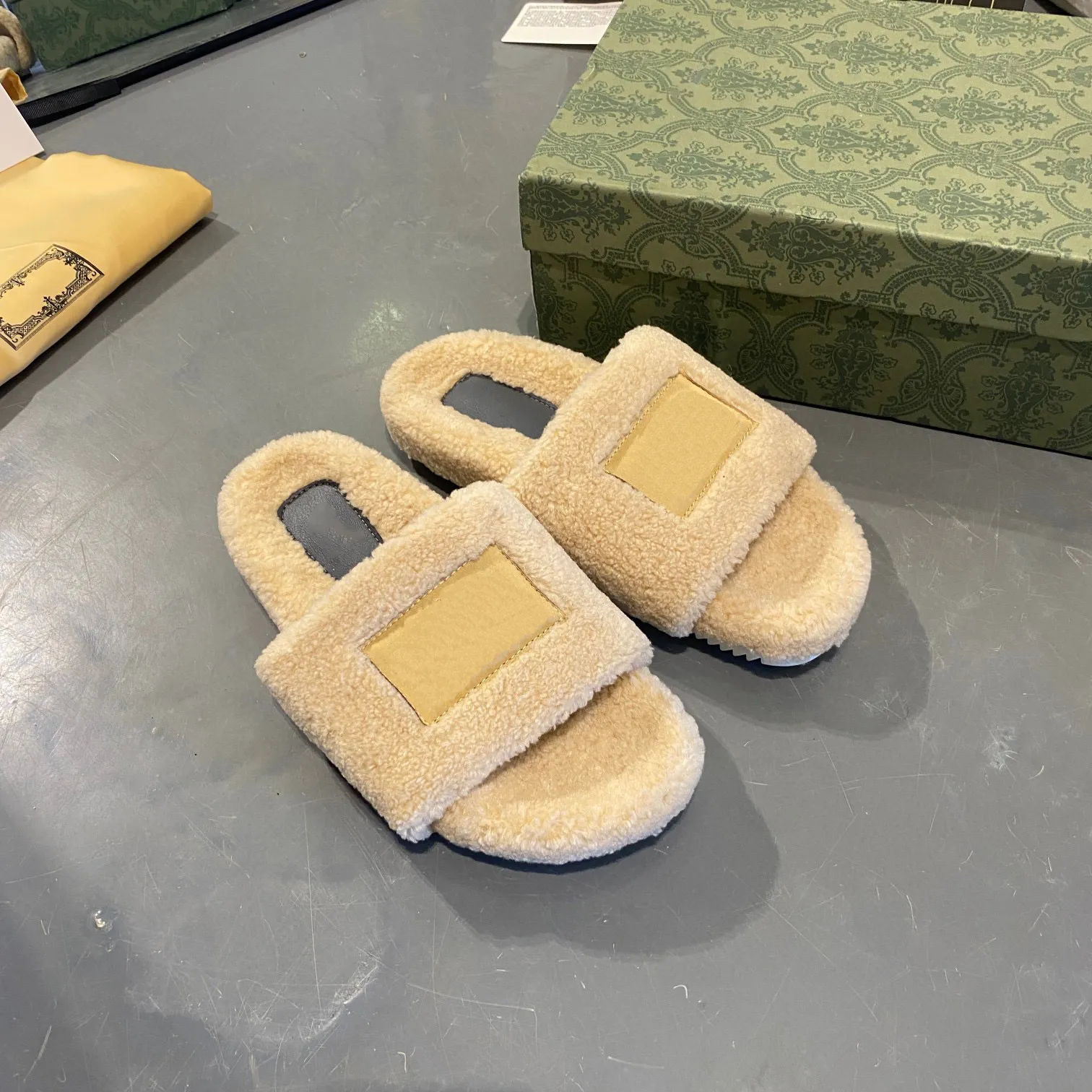 Fuffy Teddy Bear Slides For Women Designer Fur Green Sandals With ...