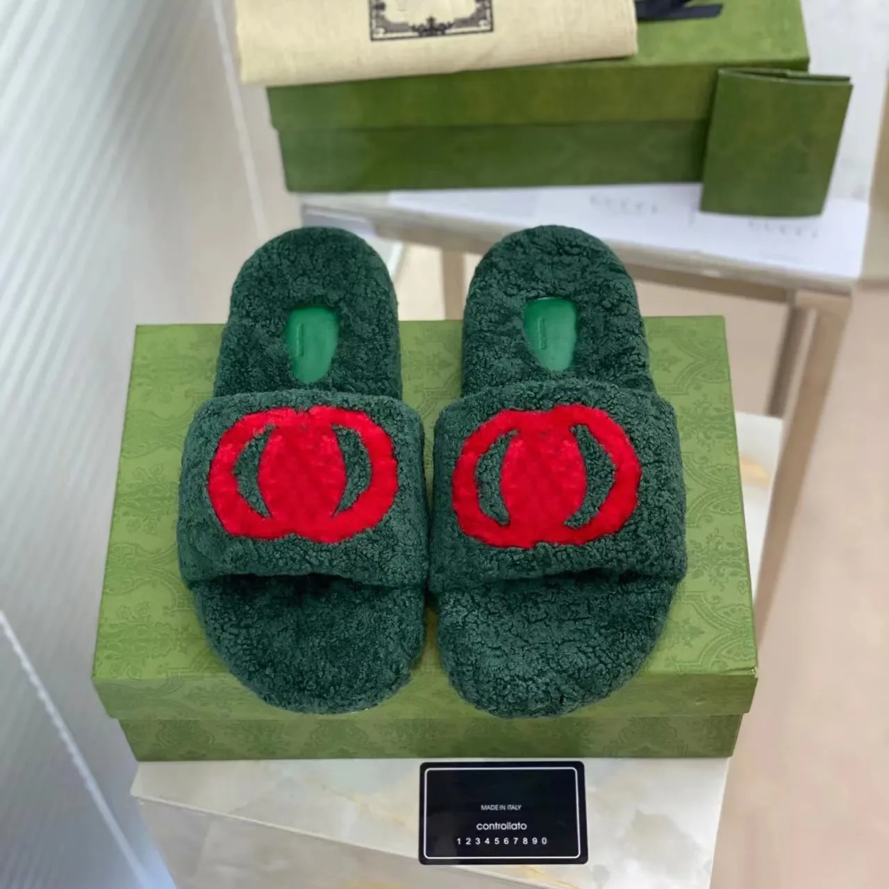Fuffy Teddy Bear Slides For Women Designer Fur Green Sandals With ...