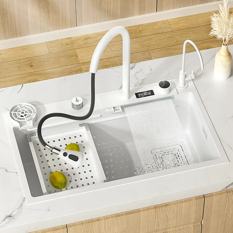 Modern White Waterfall Kitchen Sink Set - Stainless Steel Single Bowl ...