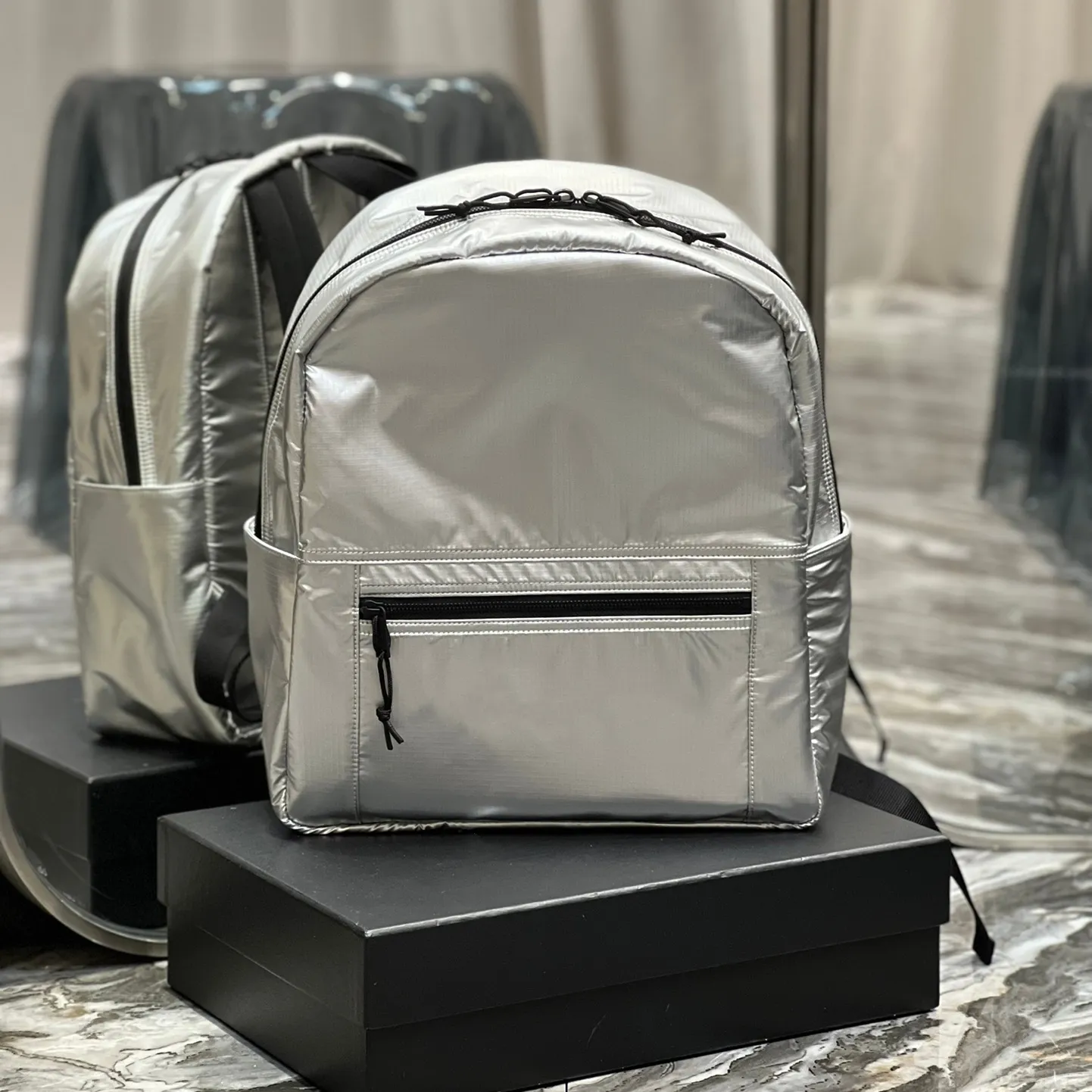 Designer Backpack: Unisex Fashion Travel Bag - Silver Print Nylon, Real ...