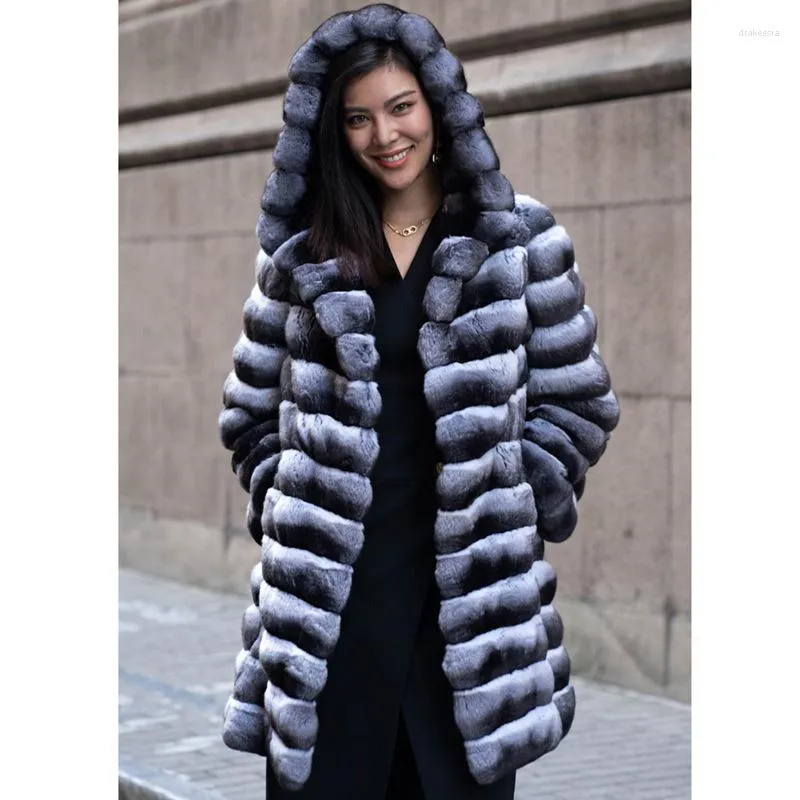 Luxurious Striped Hooded Faux Chinchilla Fur Coat For Women Thick, Warm ...