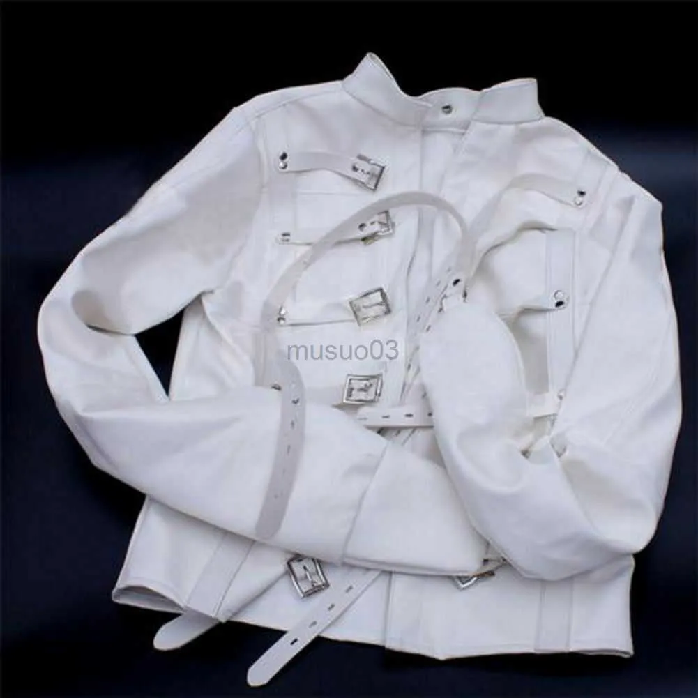 Women's White Faux Leather Asylum Straight Jacket Costume - S/M, L/XL Body Harness Restraint ...