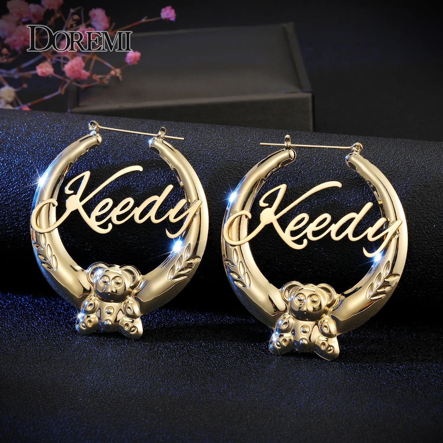 DOREMI Cute Bear Letter Bamboo Hoop Earrings Customizable Stainless ...