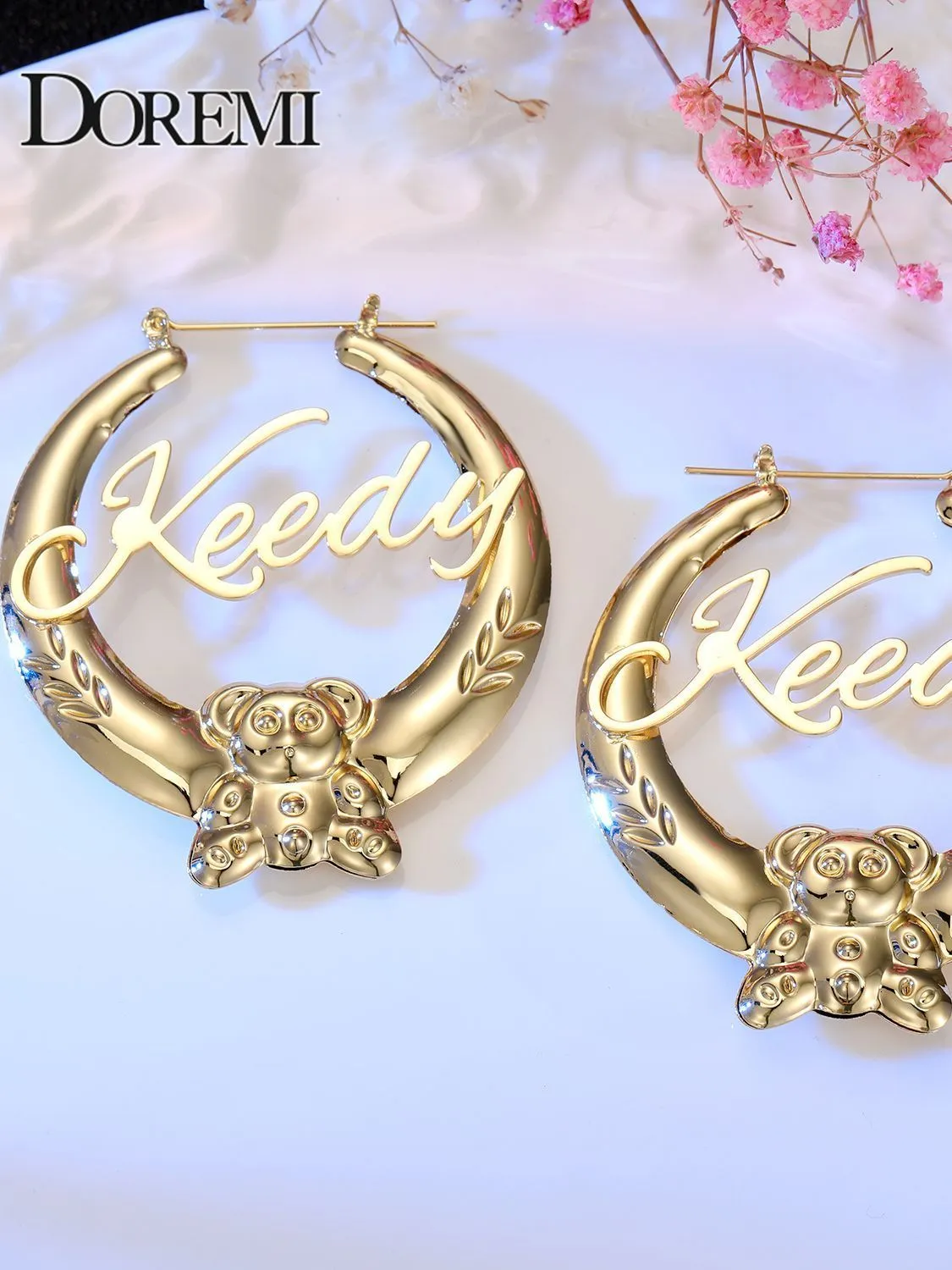 DOREMI Cute Bear Letter Bamboo Hoop Earrings Customizable Stainless ...