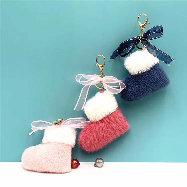 Cute Christmas Boots Plush Keychain - Cartoon Bowknot Bag Charm ...