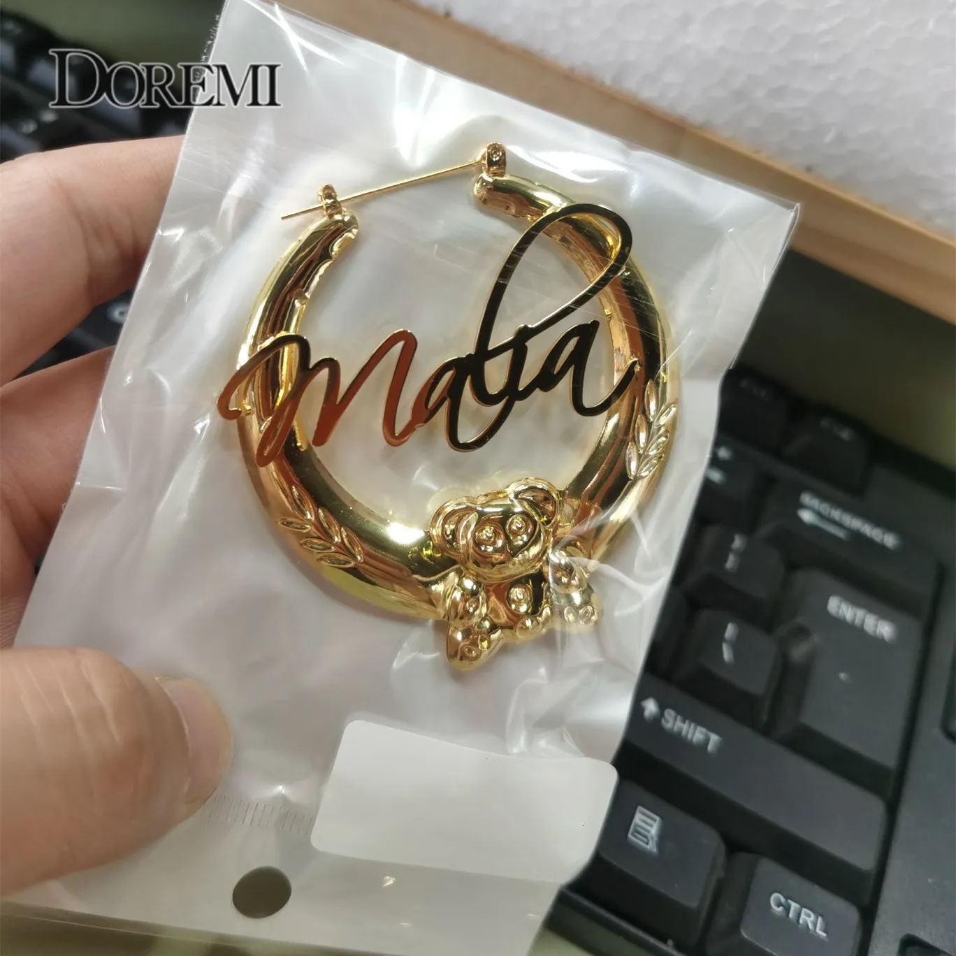 DOREMI Cute Bear Letter Bamboo Hoop Earrings Customizable Stainless ...