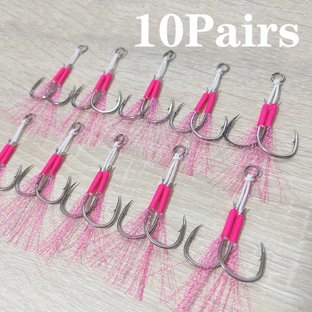 Jig Assist Hooks: Pink Feathered Double Fishing Hooks, High Carbon ...