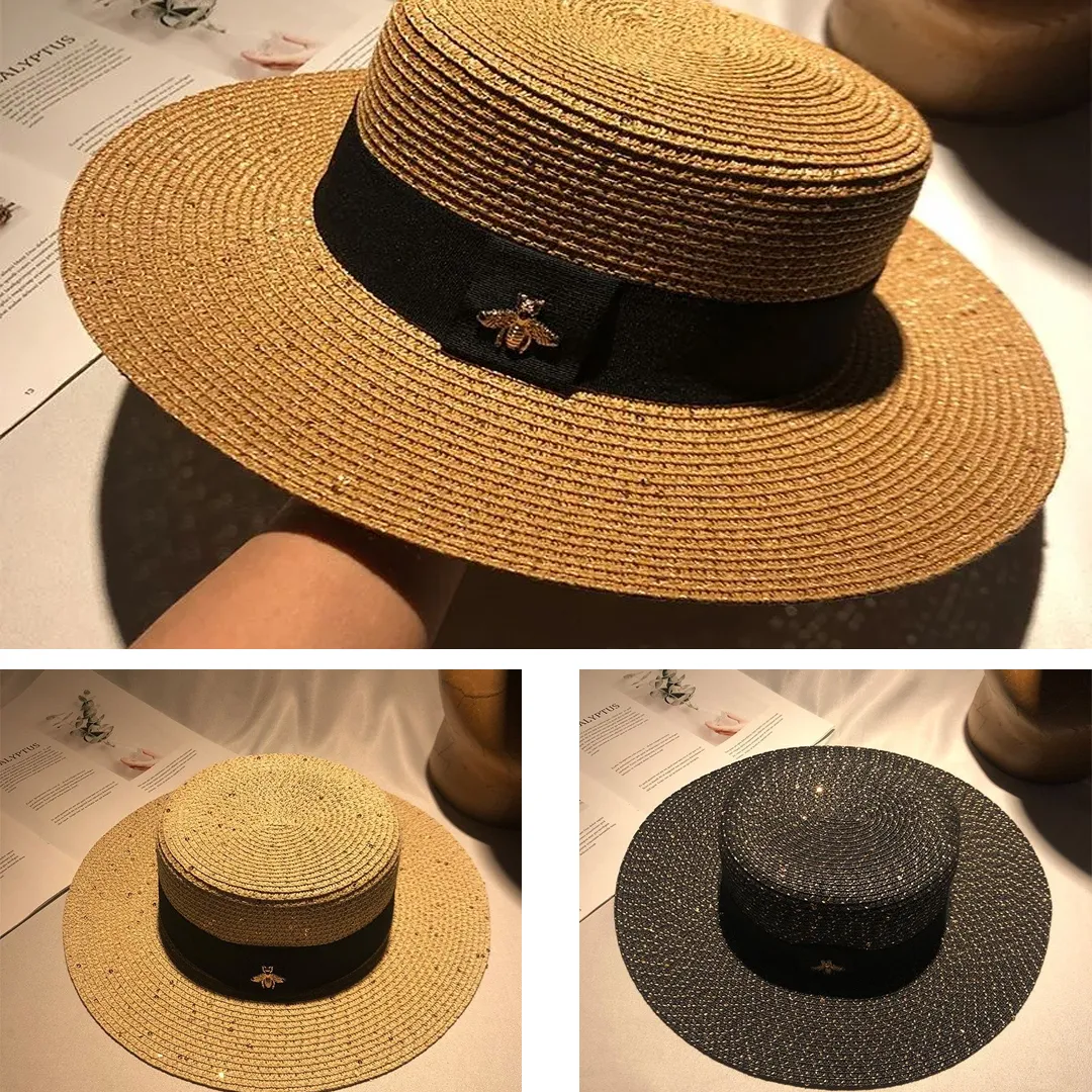Little Bee Womens Wide Brim Straw Hat Flat Top Jazz Sun Hat For Spring ...