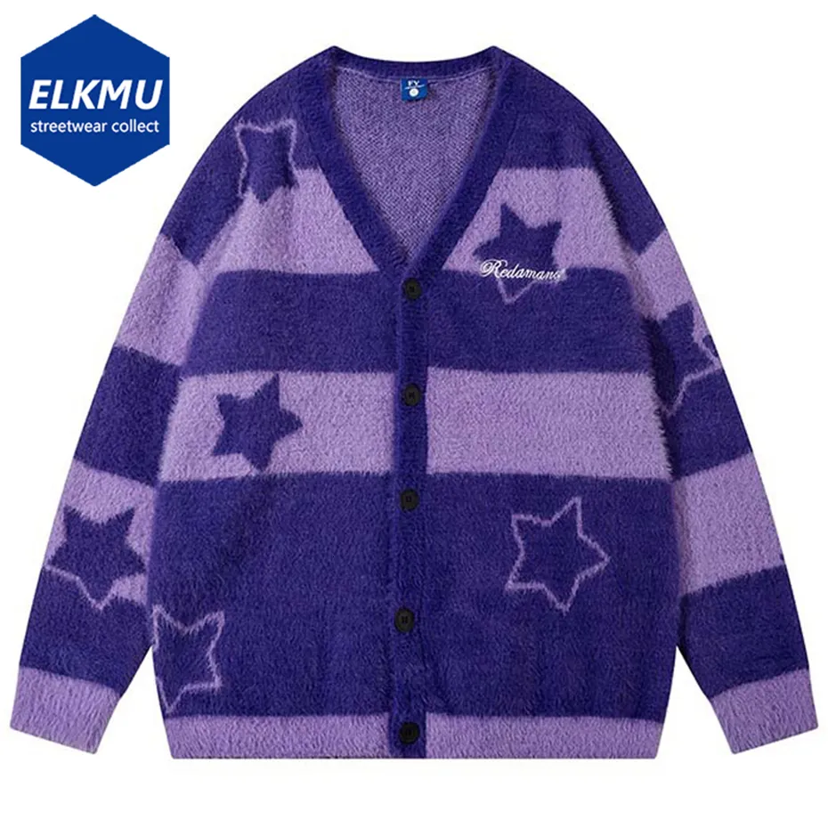 Men s Sweaters Fluffy Star Sweater Knitted Cardigan Men Loose Striped V ...