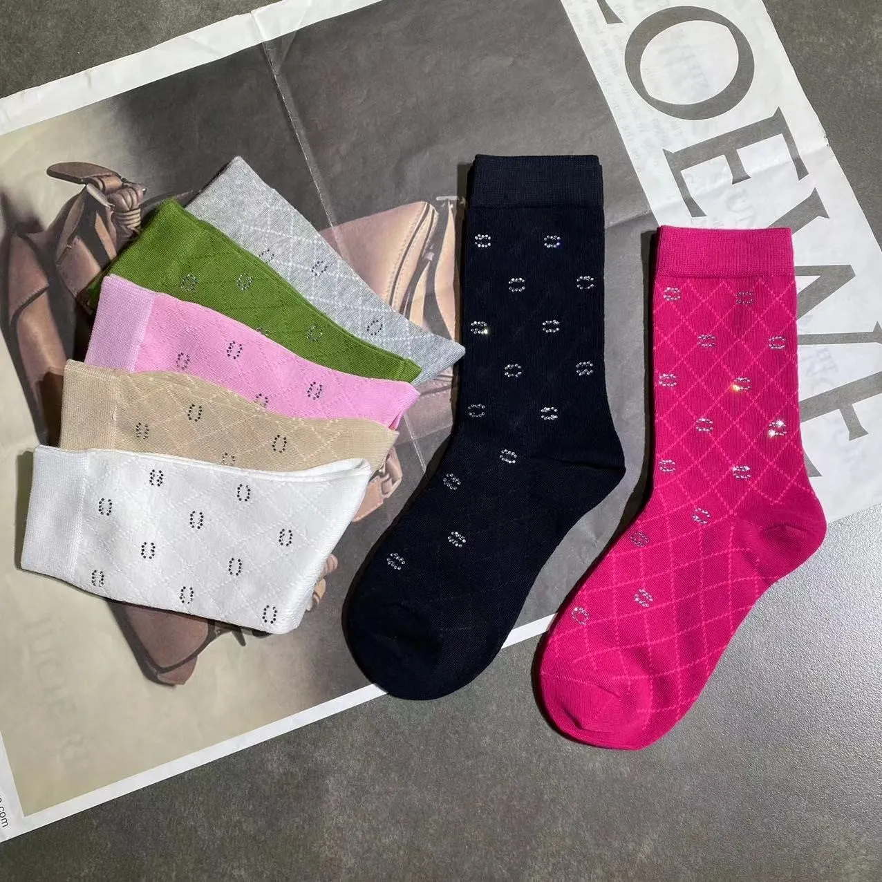 European Retro Diamond Tube Monogrammed Socks For Women Fashionable And ...