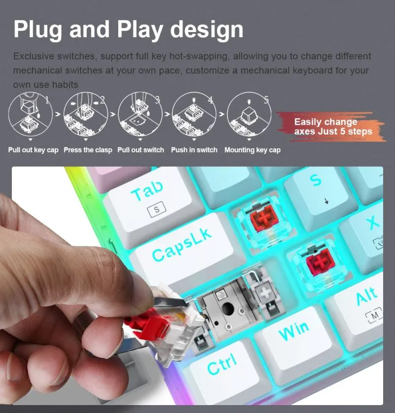 61-Key Compact Mechanical Gaming Keyboard - USB Wired, Blue/Red Switch ...