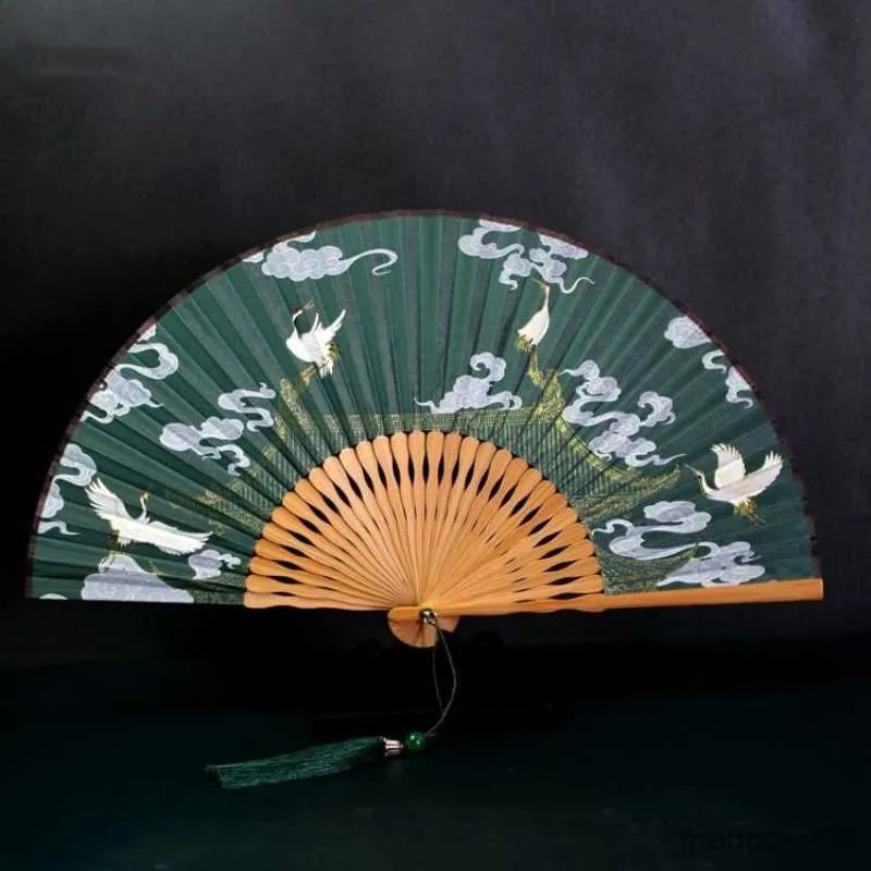 Retro Chinese Handheld Hand Held Fan With Bamboo Crane Print And Silk ...