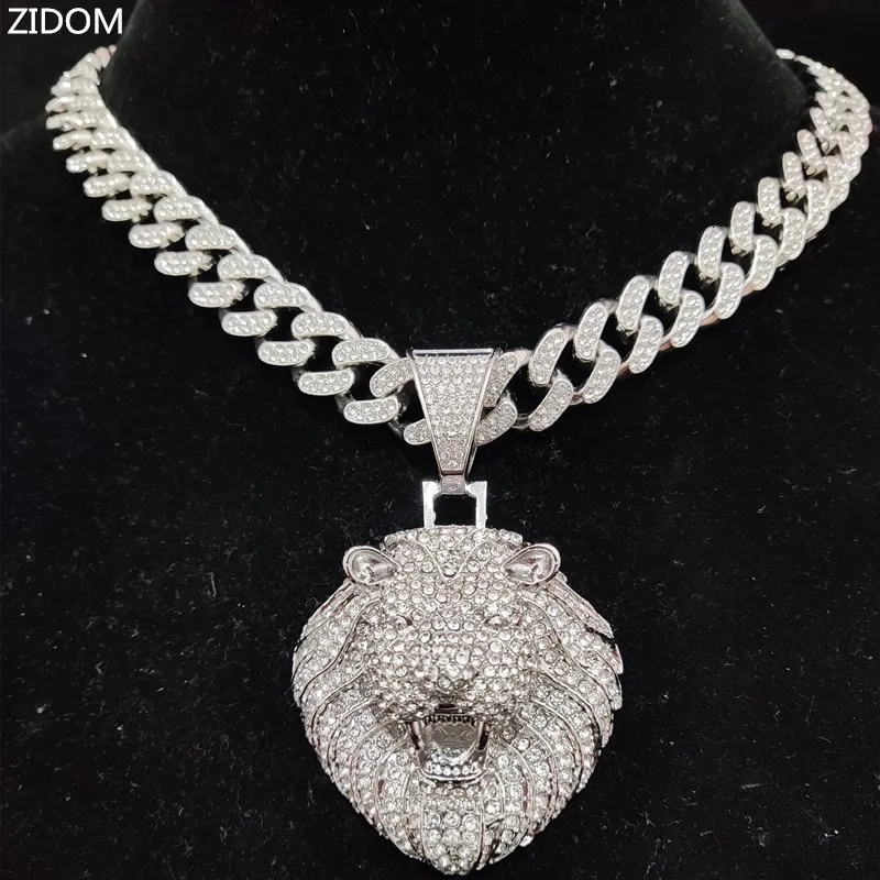 Iced Out Lion Pendant Necklace - Hip Hop Bling Cuban Chain, Crystal ...