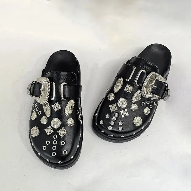 Womens Summer Leather Platform Slippers With Rivets, Punk Rock Style ...