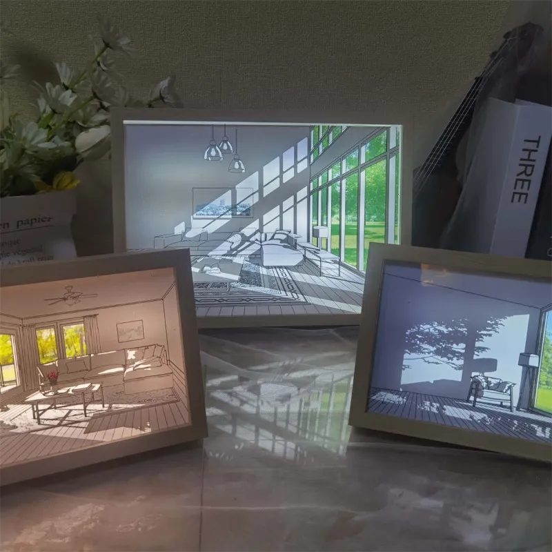 USB Lamps, Decorative LED Wall Art Wooden Frame Plug In Night Light ...