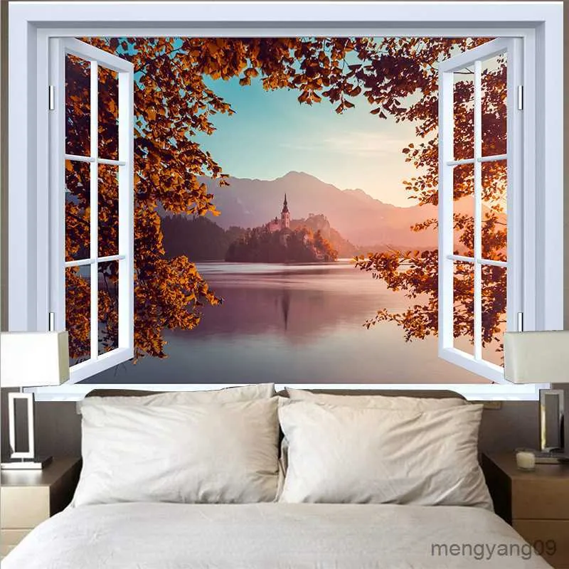 Tapestries Outside The Window 3D Mountain Lake Sunset Wave Landscape ...