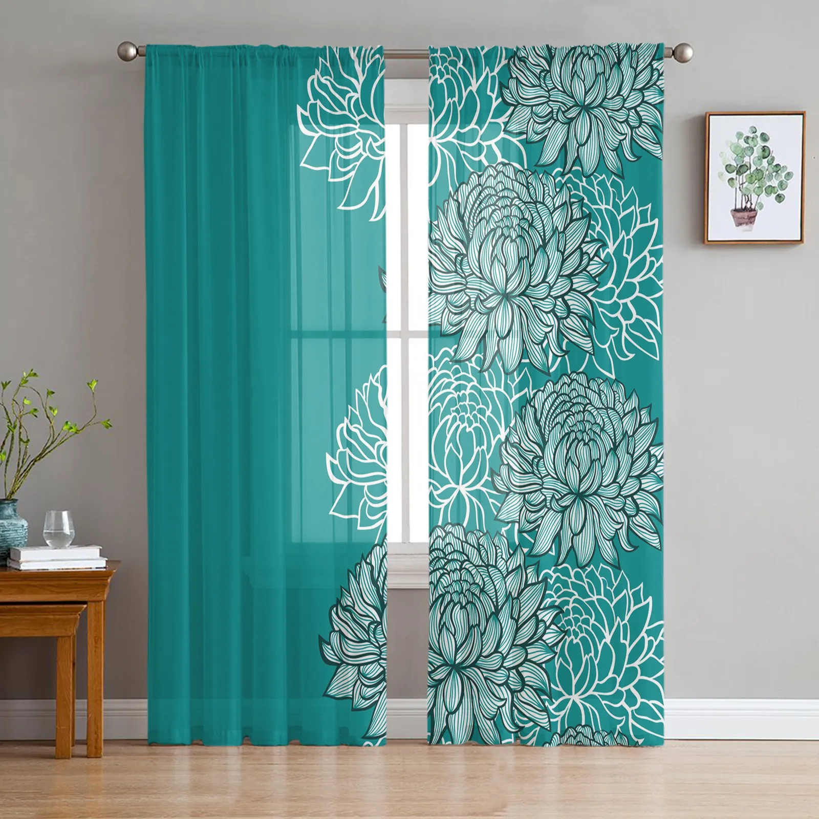 DHgate.com:Sheer Curtains Teal Chrysanthemum Texture Tulle for Living ...