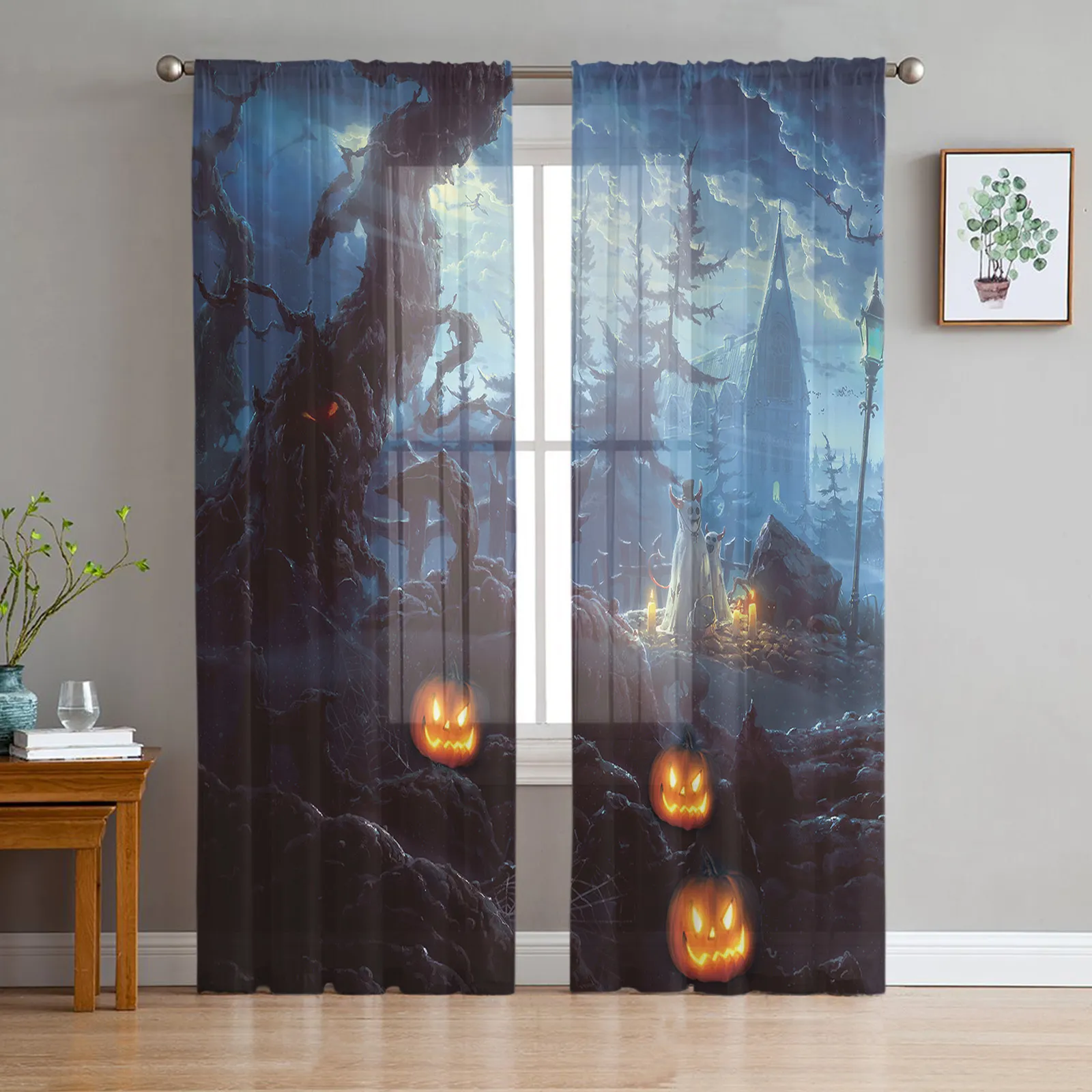 Halloween Sheer Curtains: Spooky Castle & Pumpkin Design - Premium ...