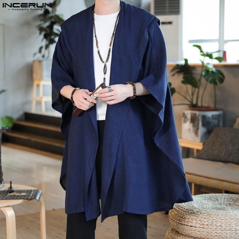 Men's Trench Coat: INCERUN Retro Kimono Hooded 3/4 Sleeve Open Stitch ...