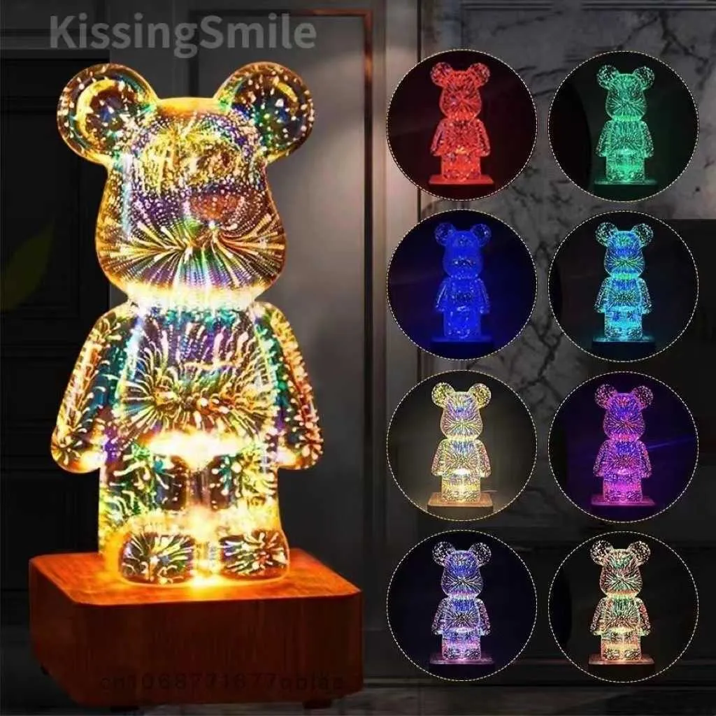 3D Bear Firework Glass Night Light, Colorful LED Table Lamp, Cute ...