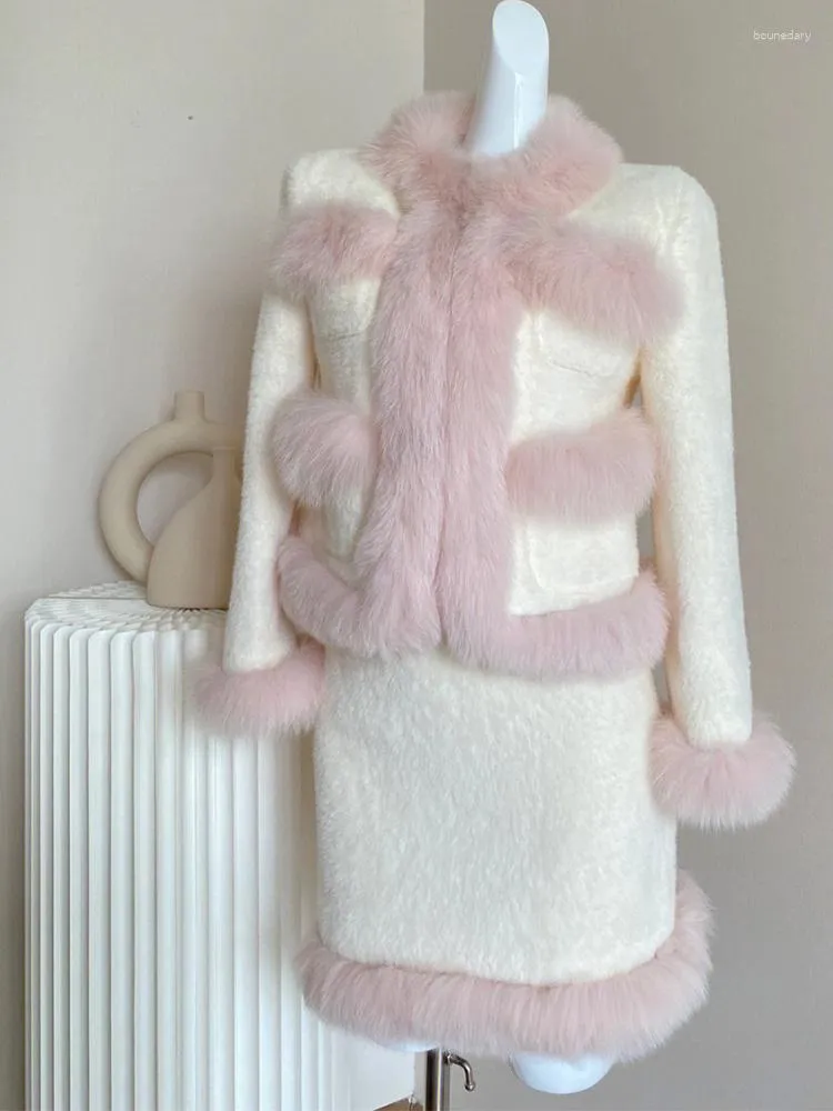 Sweet Pink Cashmere Two Piece Set With Elegant White Woolen Coat And ...