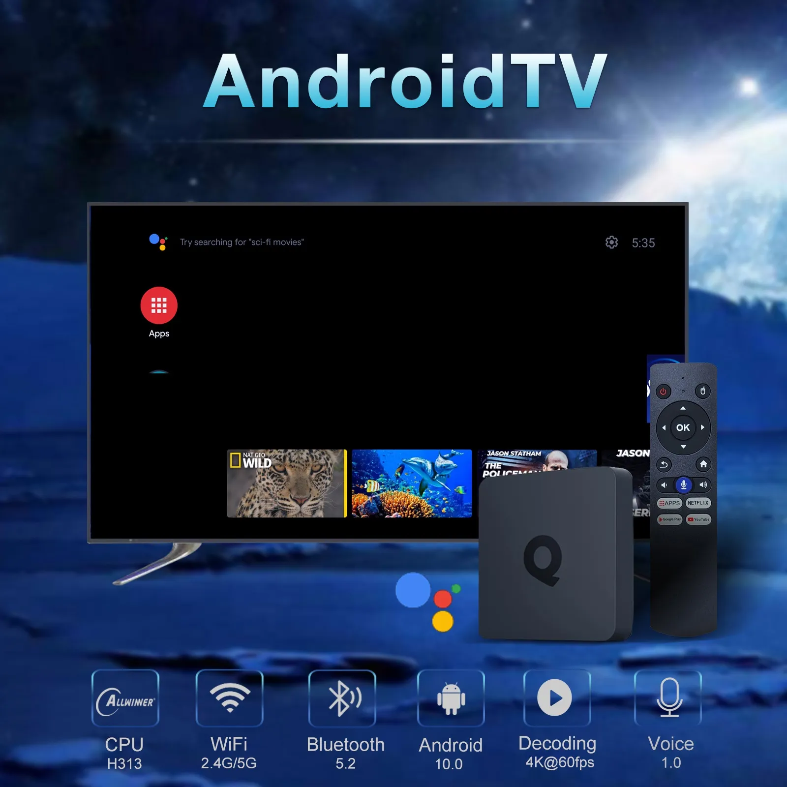 Android TV Box 4K Q1 Allwinner H313: Android 10, BT Voice Remote, Dual ...
