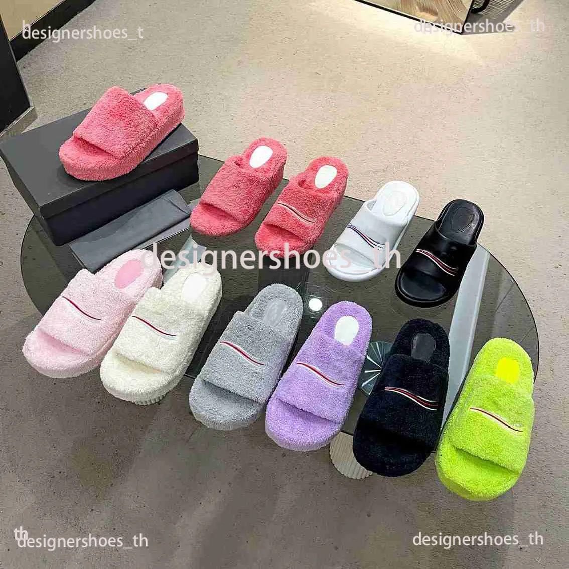 Embroidered Fur Slides for Women - Platform Slippers, Thick Sole ...