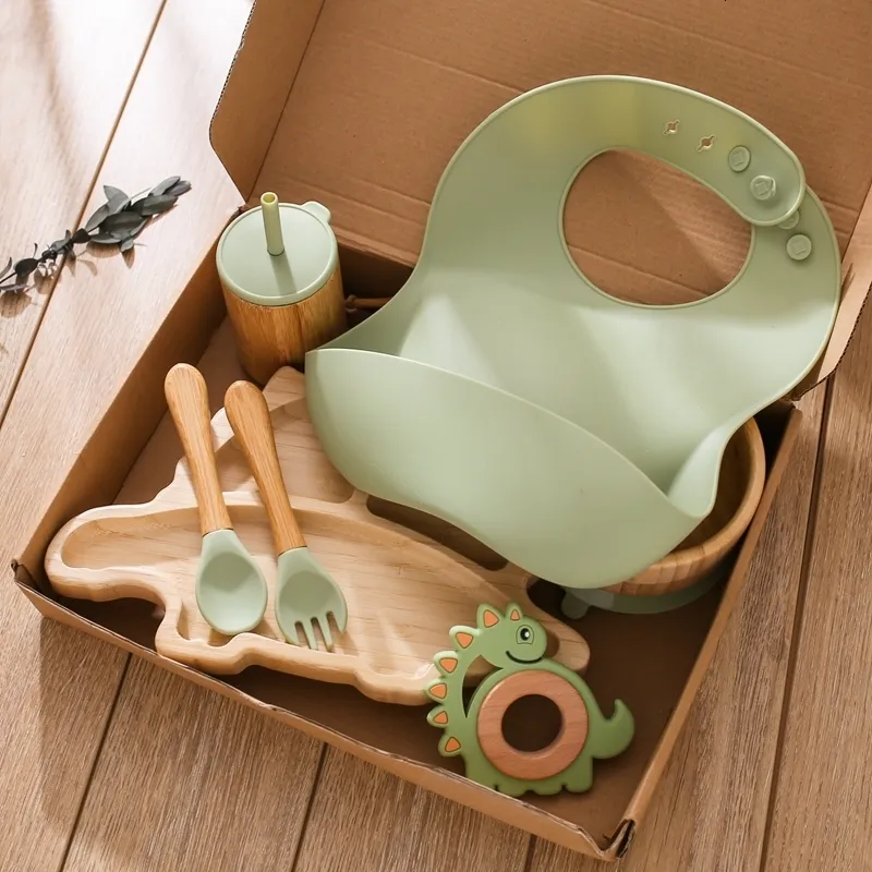 7-Piece Bamboo Dinosaur Dinnerware Set - Kids Feeding Supplies, Suction ...