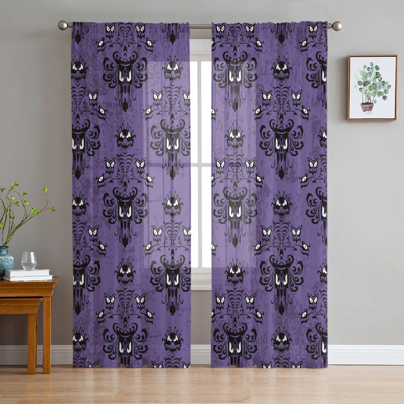 Sheer Curtains Halloween Haunted Mansion Purple Black Tulle Window ...