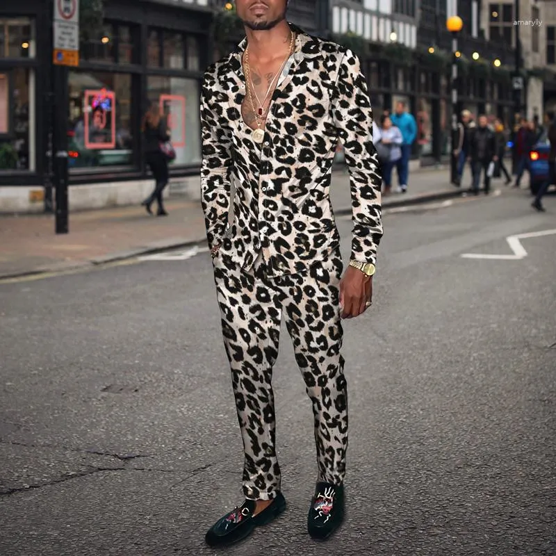 Stylish Men's Two-Piece Leopard Lapel Tracksuit Set: Shirt and Pants ...