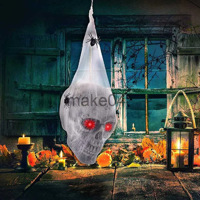 LED Skull in Cocoon with Fake Spider Halloween Decorations for Outdoor ...