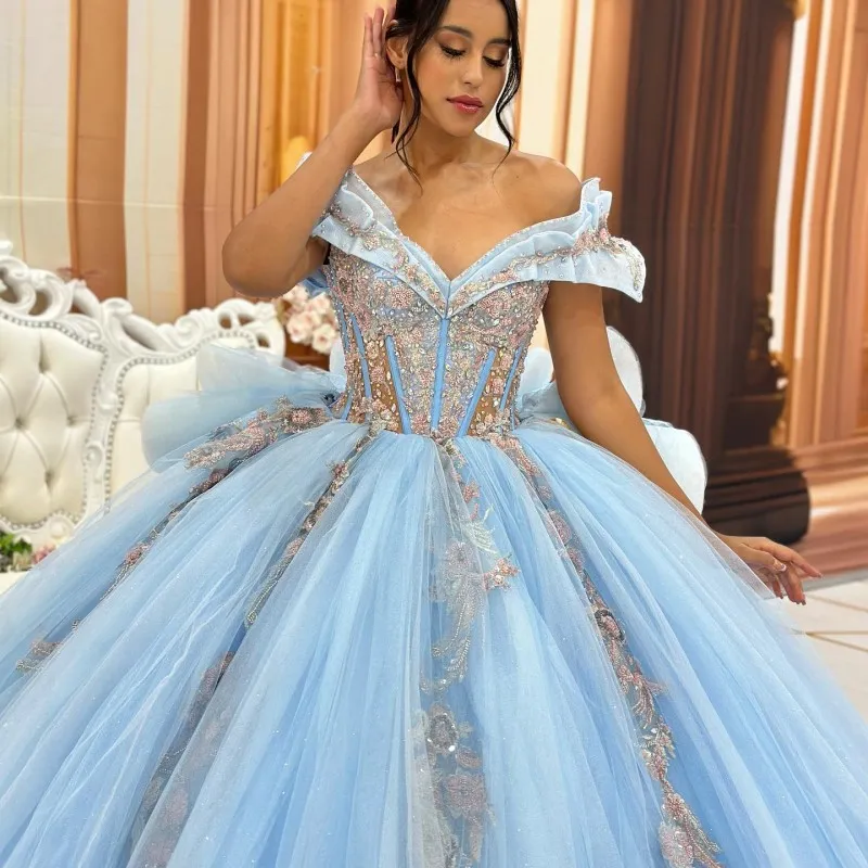 Off Shoulder Sky Blue Quinceanera Ball Gown With Flower Applique And Lace Tiered Skirt Perfect ...