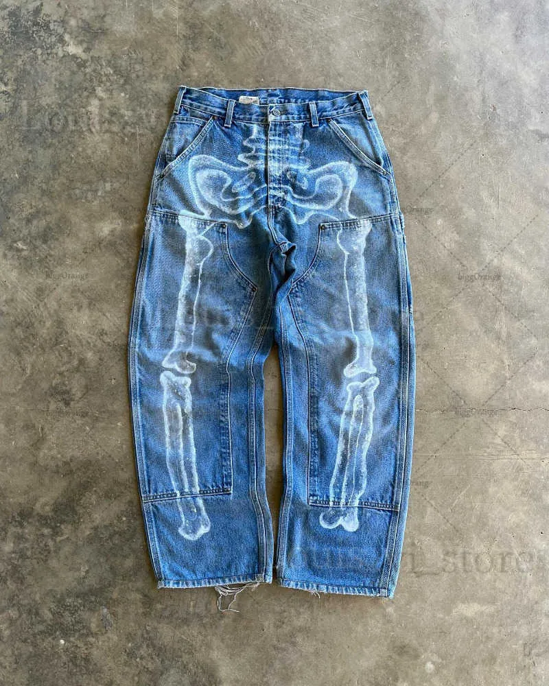 Y2K Bone Print Hip Hop Crosshatch Jeans For Men American Gothic Design ...
