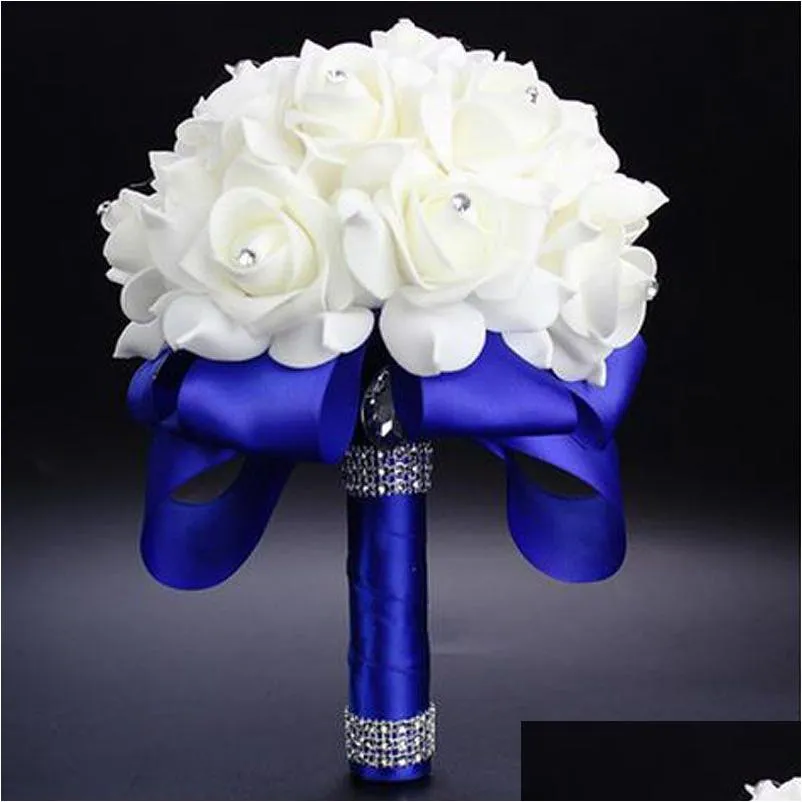 DHgate.com:Elegant Blue Silk Ribbon Rose Bouquet for Brides, Crystal ...