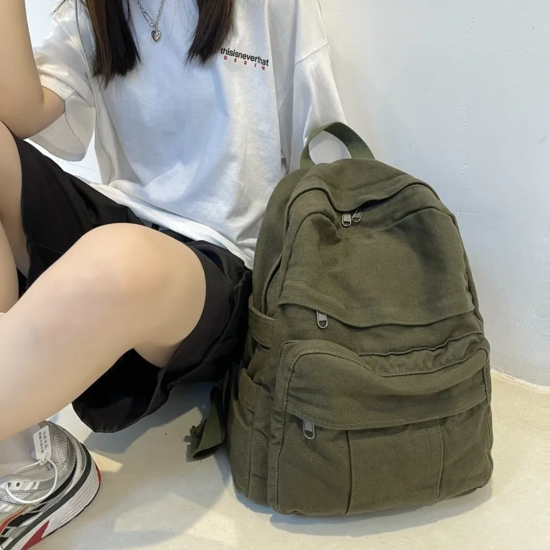 Large Capacity Canvas School Backpack With Shoulder Strap Khaki Korean ...