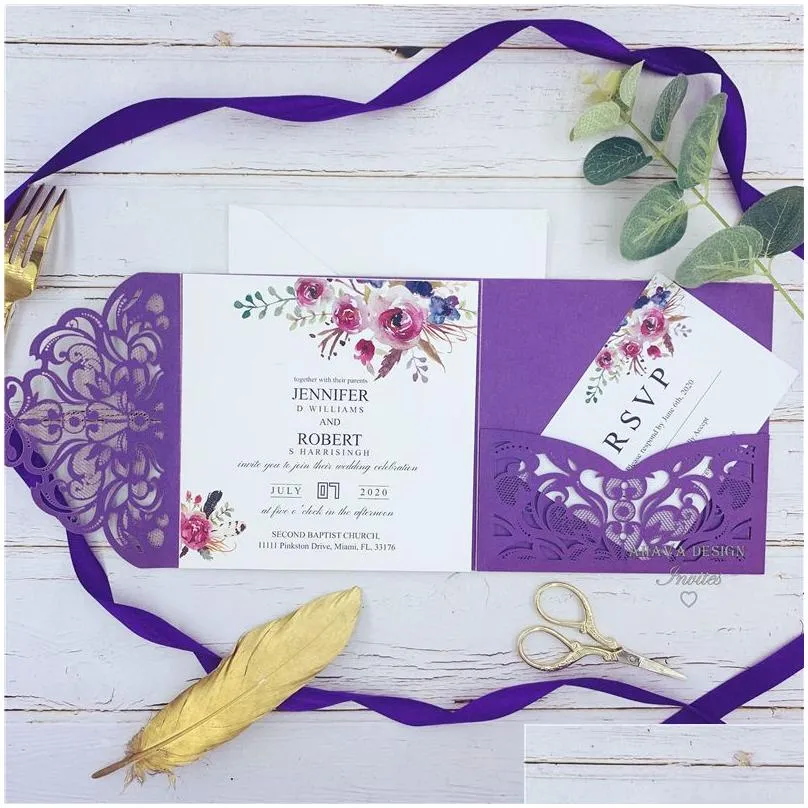 DHgate.com:Laser Cut Purple Floral Pocket Invitations with Envelopes ...