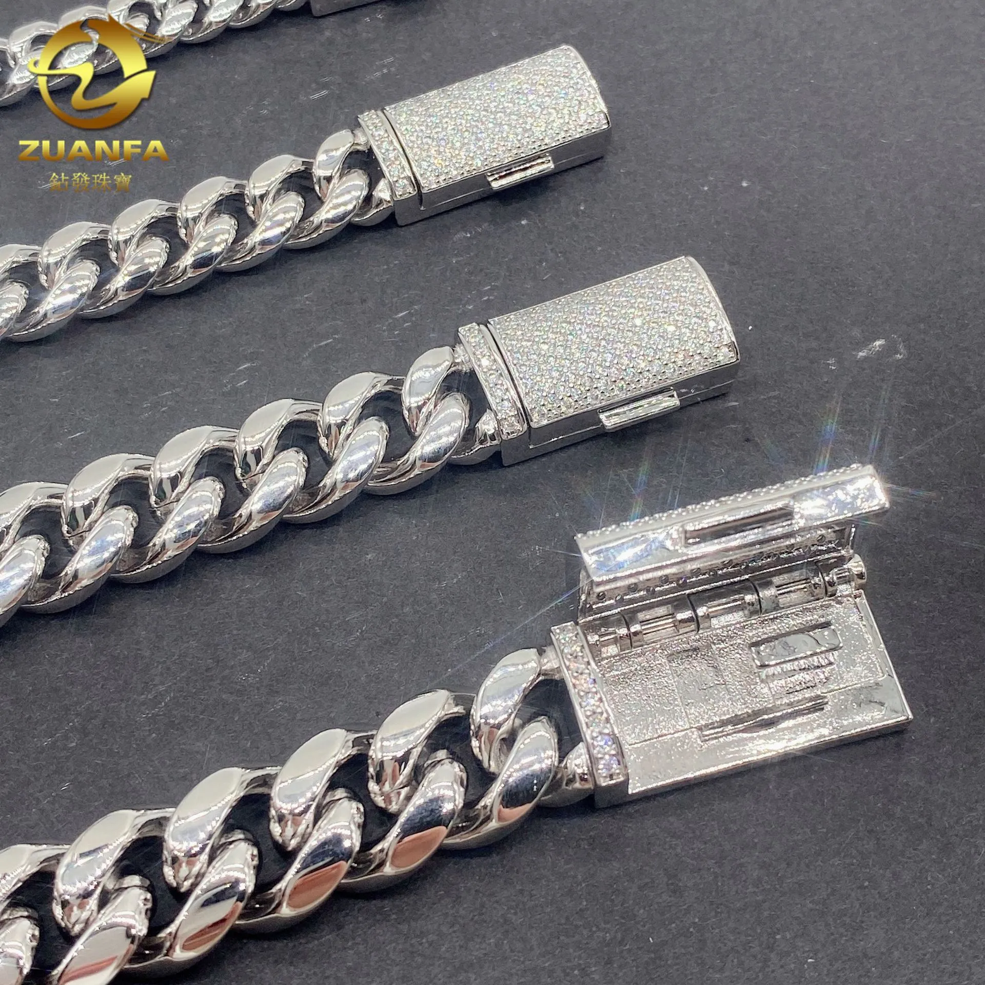 Iced Out Moissanite Diamond Box Fold Clasp Cuban Chain Necklace 14k ...