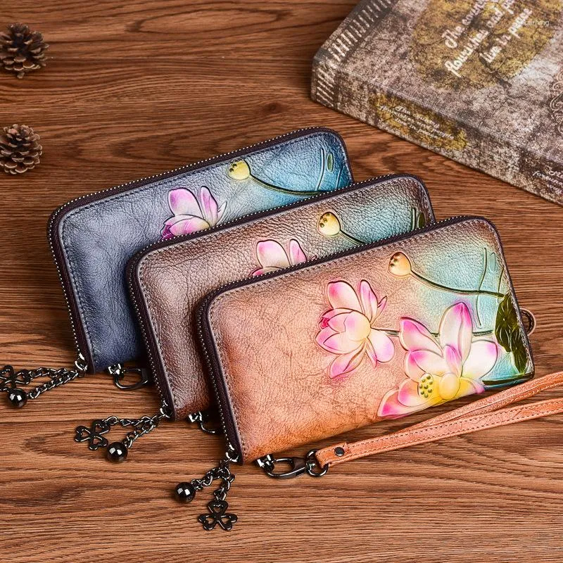 Chinese Style Floral Pattern Cowhide Vega Wallet For Women Vintage ...