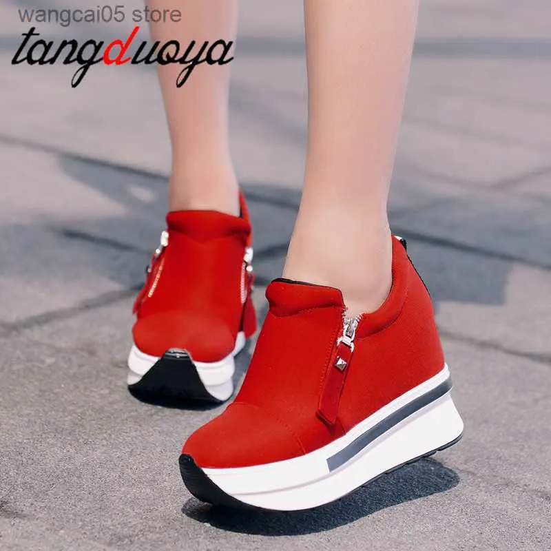 Platform Sneakers Women Shoes Red Casual Slip-On Leather Wedge Heels 3. ...