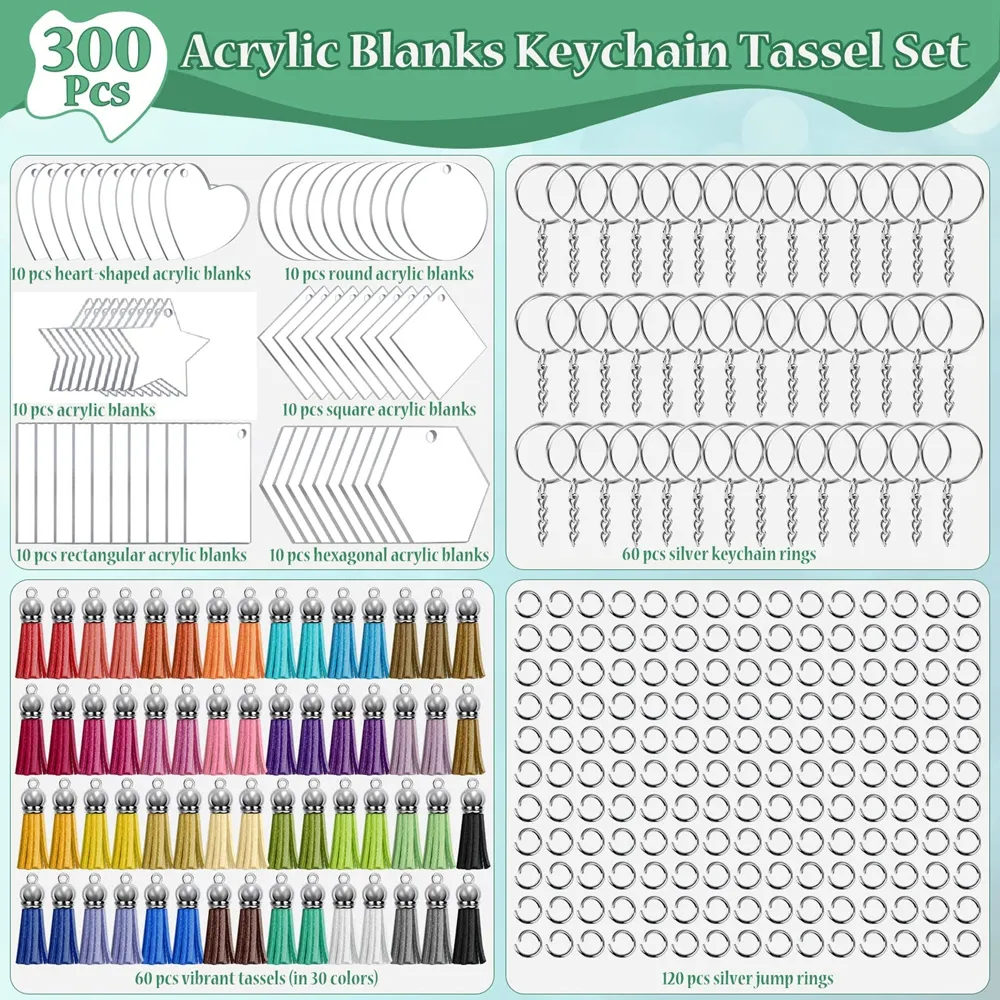 Clear Acrylic Keychain Blanks 6 Shapes Acrylic Leather Tassel Charms ...