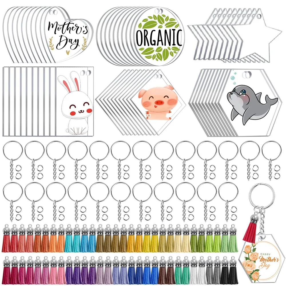 Clear Acrylic Keychain Blanks 6 Shapes Acrylic Leather Tassel Charms ...