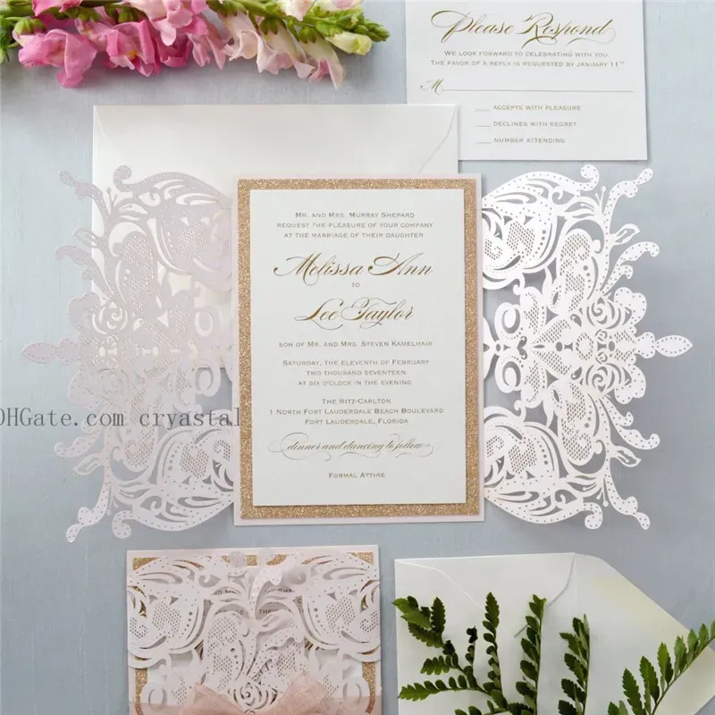 Floral Wedding Invitation Laser Cut Chantilly Lace Wrap With Blush ...