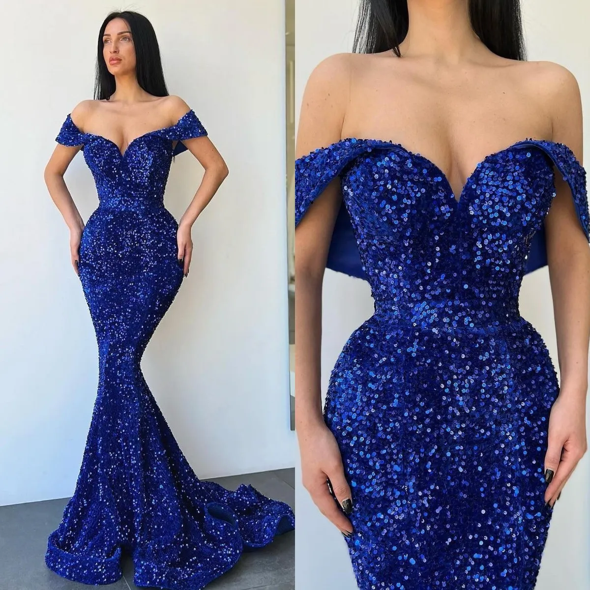 Royal Blue Sequin Off Shoulder Mermaid Blue Sequin Prom Dress Backless Formal Evening Gown For ...
