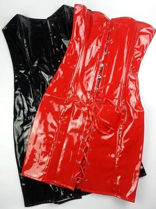 Waist Tummy Shaper Corset Dress Lace Up Strapless Faux Leather Bustier ...